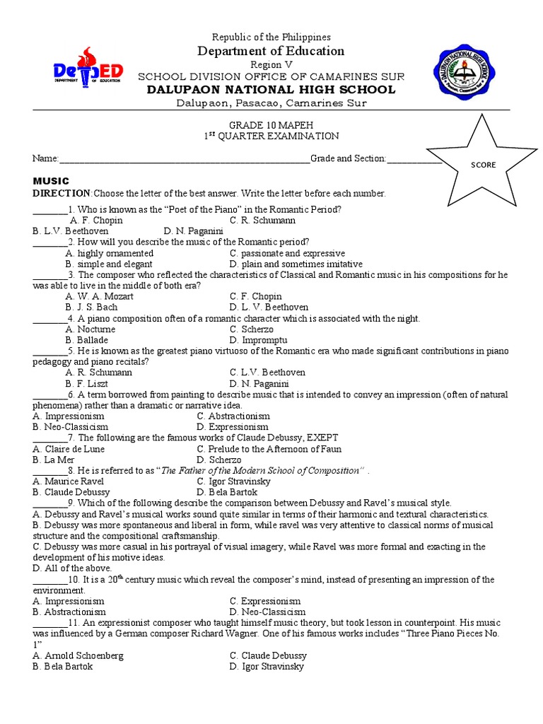 Grade 10 1st Quarter Exam Mapeh | PDF | Health Care | Romantic Music