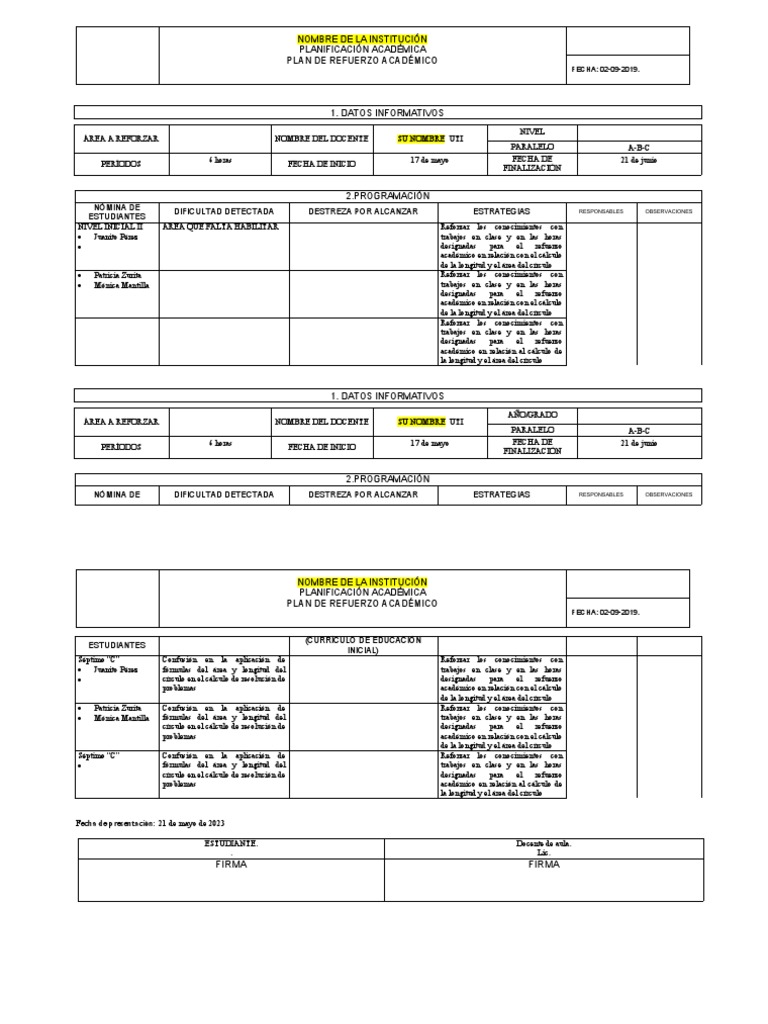 Formato Plan De Refuerzo Pdf