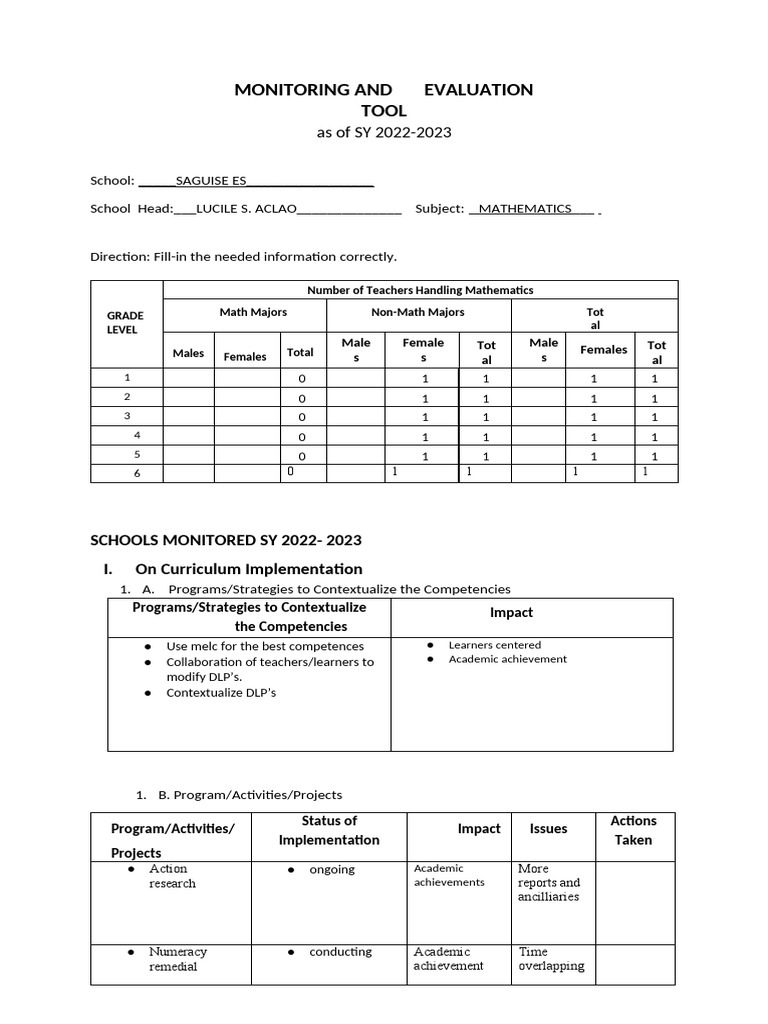 Elementary Monitoring and Evaluation Tool 2022 2023 1 | PDF ...