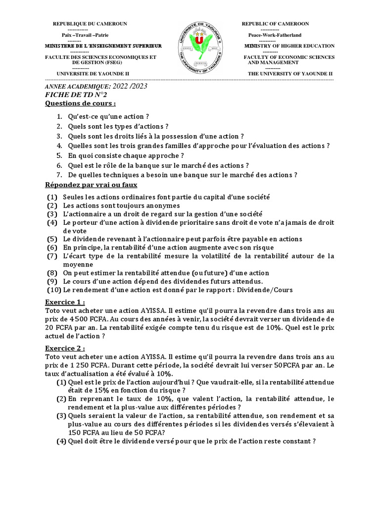 Marchés Financiers - Fiche de TD N°2 - Exercices - 2022 - 2023 ... Marchés Financiers - Fiche de TD N°2 - Exercices - 2022 - 2023 ...