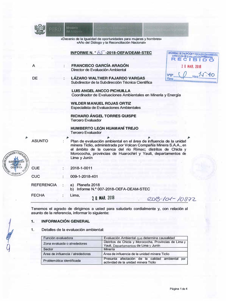 Pa 065 2018 Oefa Deam Stec | Descargar gratis PDF | Agua | Química