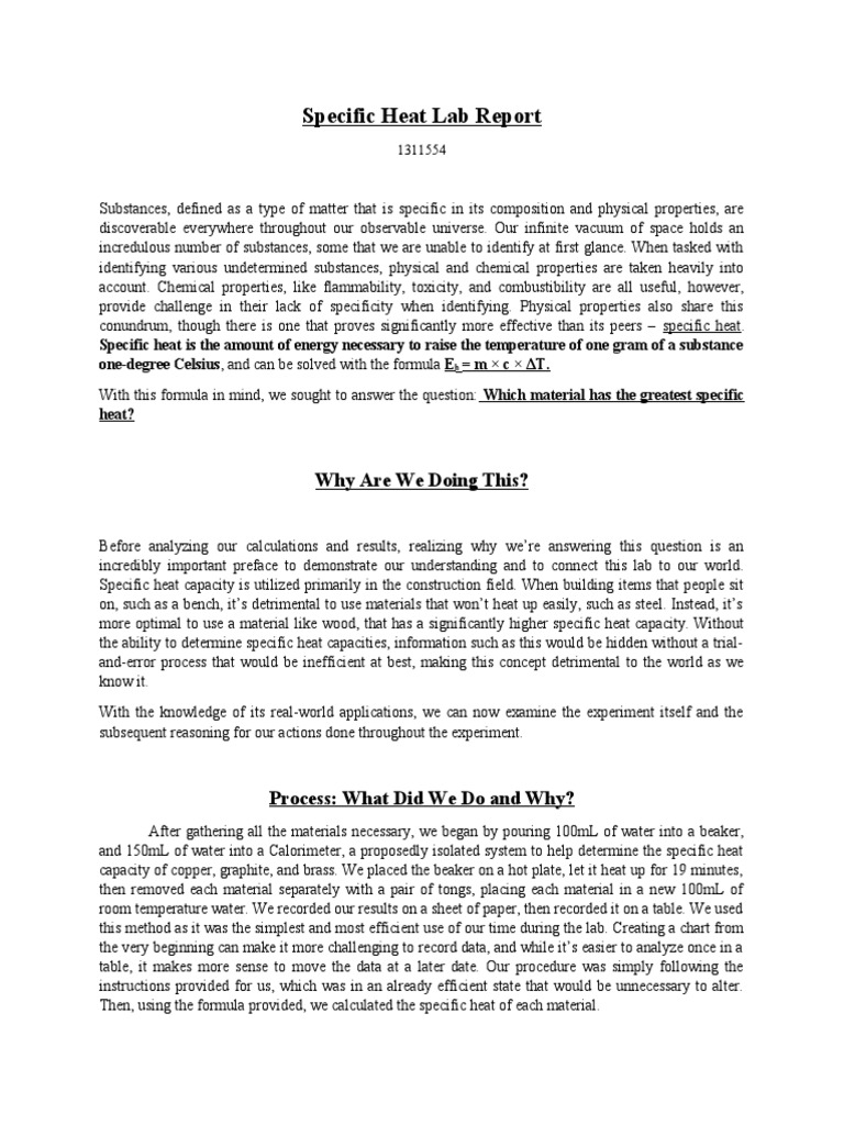 Specific Heat Lab | PDF