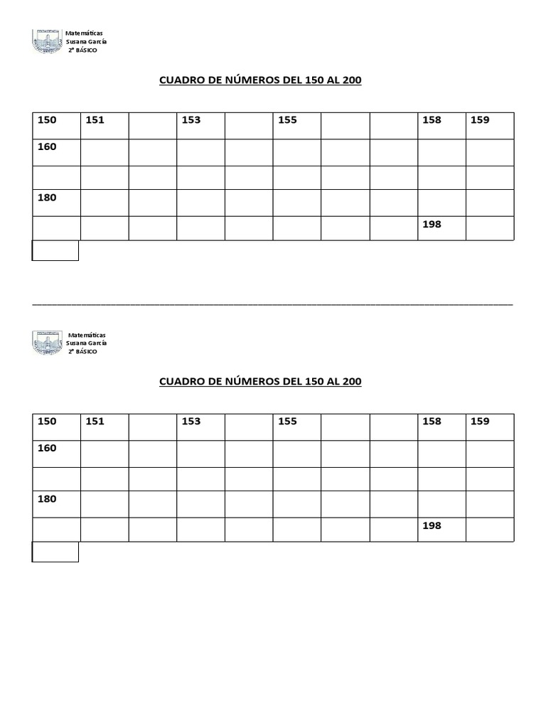 Cuadro Del Numero Del 150 Al 200 | PDF