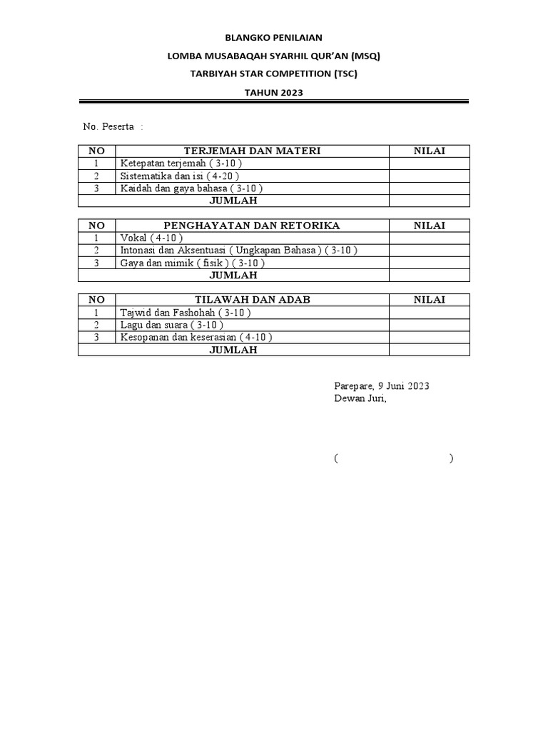Blangko Penilaian MSQ | PDF