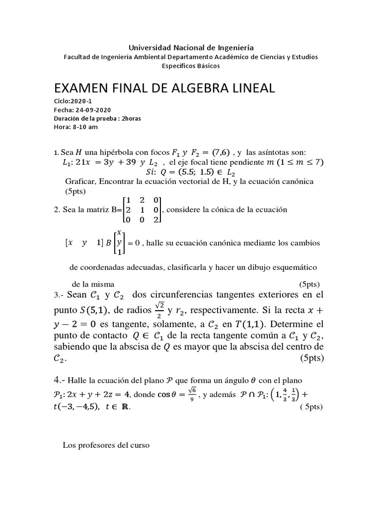 Examen Final de Algebra Lineal Ciclo 2020-1 | PDF