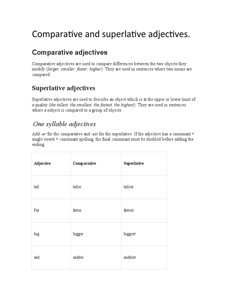 Comparative And Superlative Adjectives And Adverbs Worksheet What Are