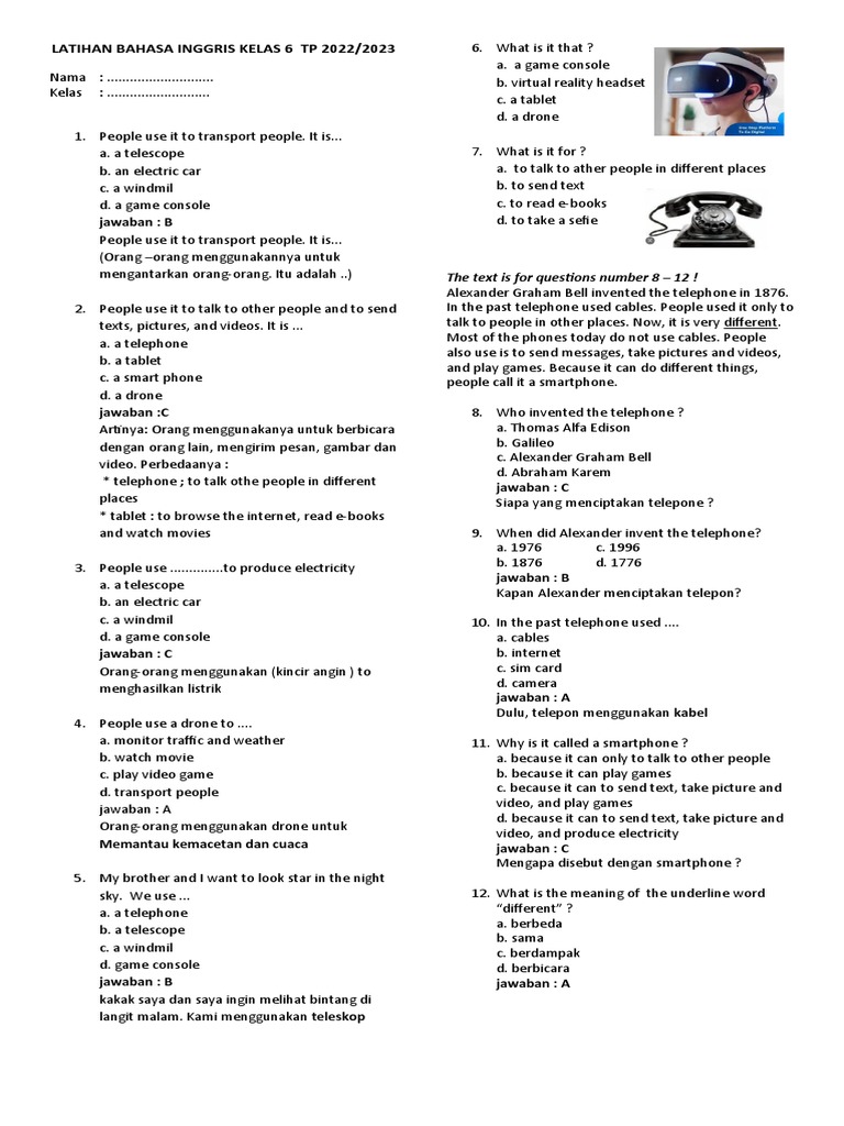 Latihan Bahasa Inggris Kelas 6 TP 2022 | PDF | Telephone | Equipment