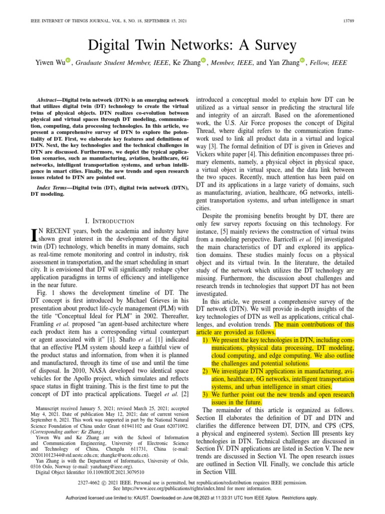 6 Digital Twin Networks A Survey Pdf Computer Network