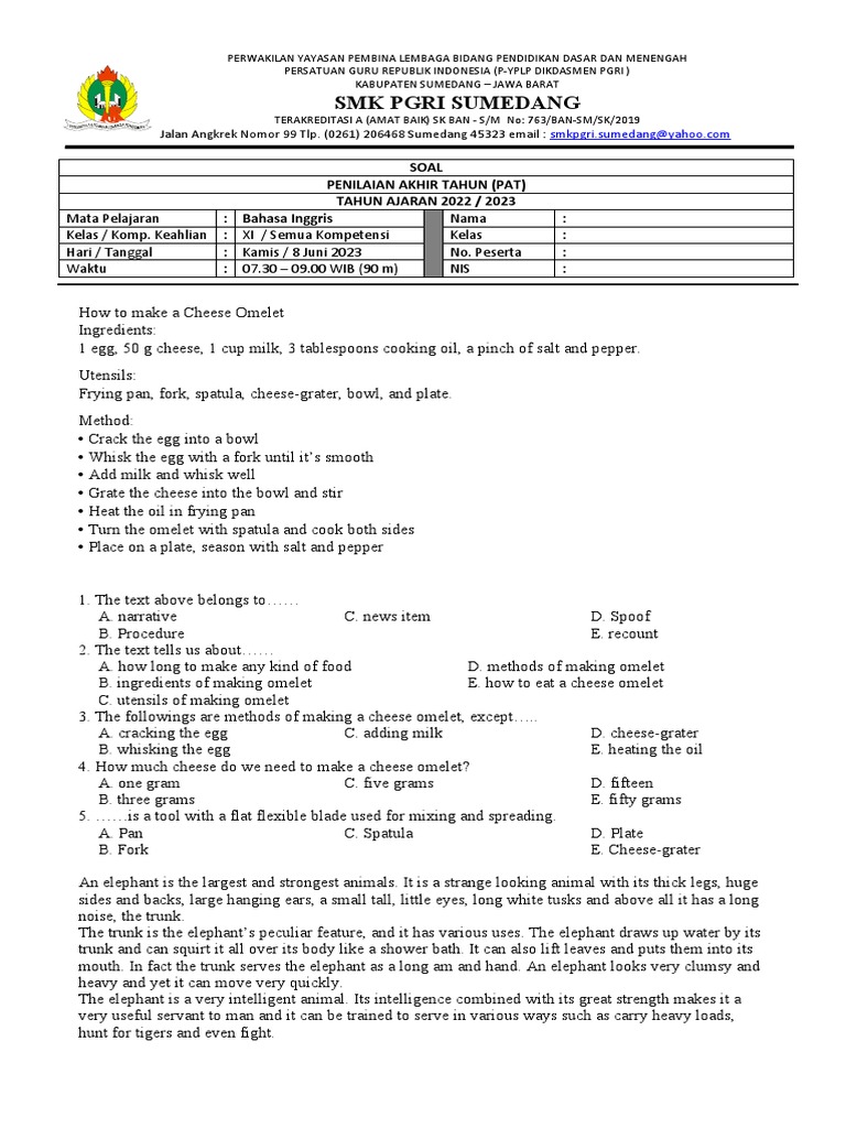 Soal Bahasa Inggris Kelas Xi 2023-2024 Akhir Semester | PDF | Elephant