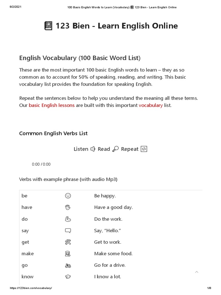 100 Basic English Words To Learn (Vocabulary) ? 123 Bien - Learn ...