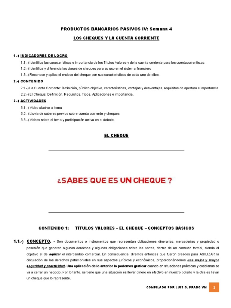 Semana 4 PYS Los Cheques y La Cuenta Corriente | PDF | Cheque | Bancos