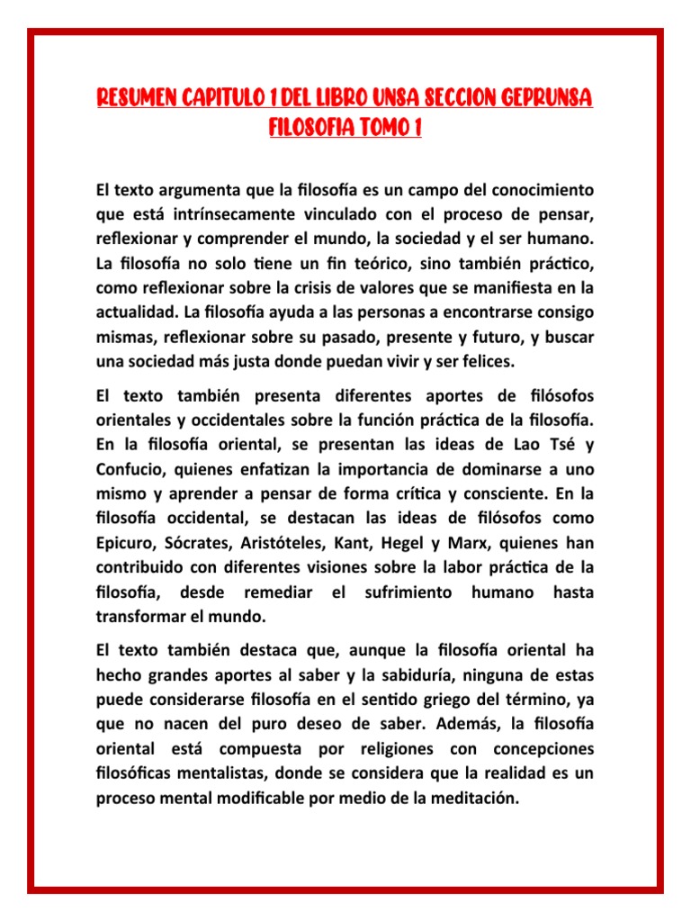 Resumen Capitulo 1 Del Libro Unsa Seccion Filosofia Tomo 1 | PDF