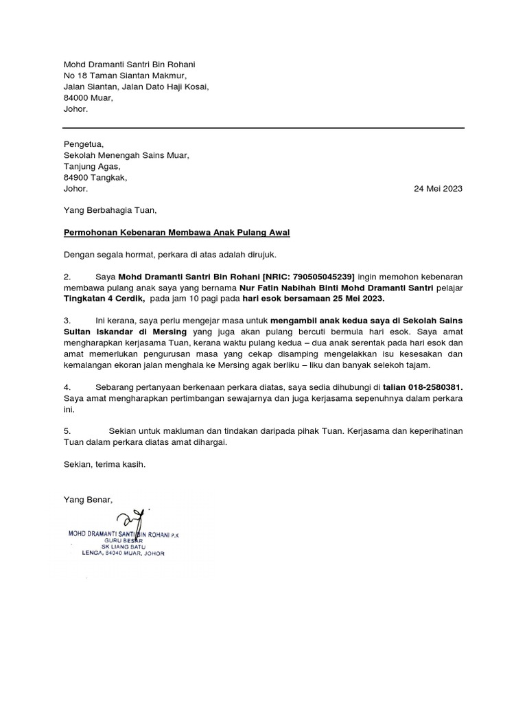 Surat Bawa Anak Pulang - Nur Fatin Nabihah 4 Cerdik | PDF