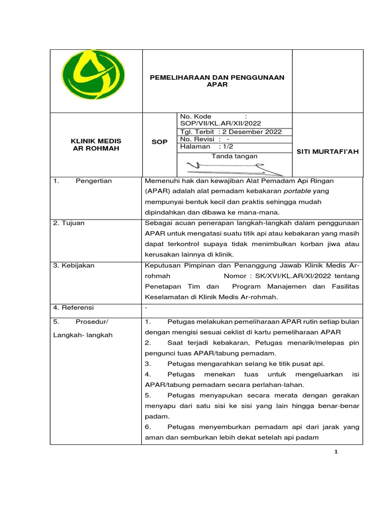 SOP Pemeliharaan Dan Penggunaan APAR | PDF