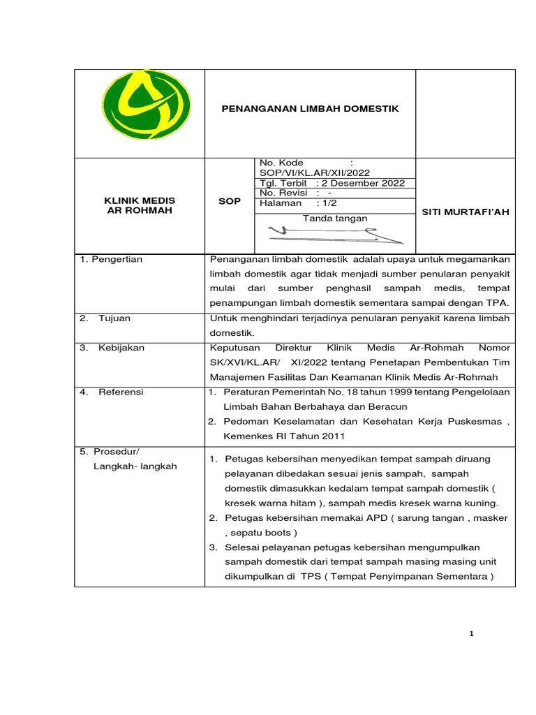 SOP PENGELOLAAN Sampah Domestik | PDF | Sains & Matematika