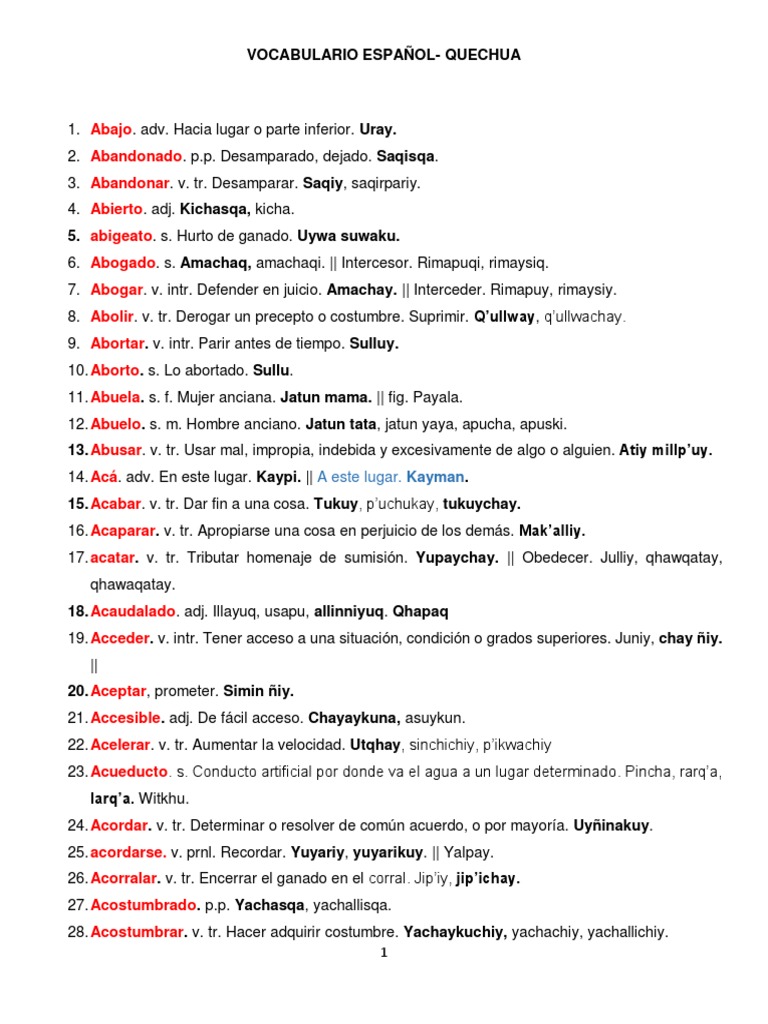 Vocabulario Español-Quechua | PDF | Lingüística