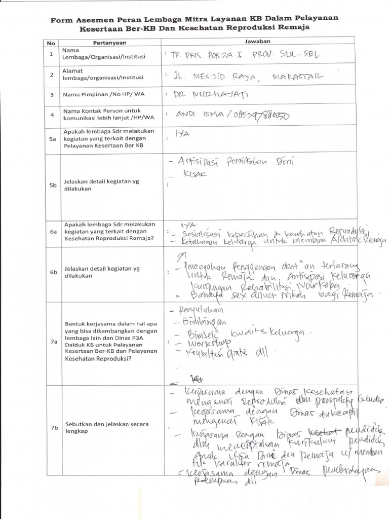 Form Asesmen Mitra Layanan KB Pada Workshop TP PKK Pokja 1 | PDF