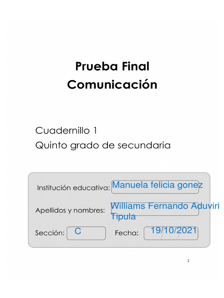 EPF 5to Secundaria Prueba Comunicación Cuadernillo 1 | PDF