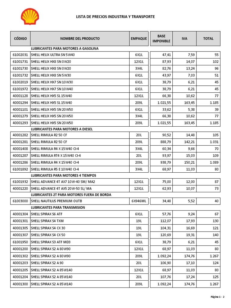 Lista de Precios Shell - Disbattery Noviembre B2B | PDF | Tecnologías de gas | Turbomaquinaria