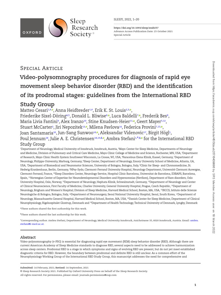 RBD VPSG Diagnosis Guidelines IRBD-SG SLEEP 2022 | PDF