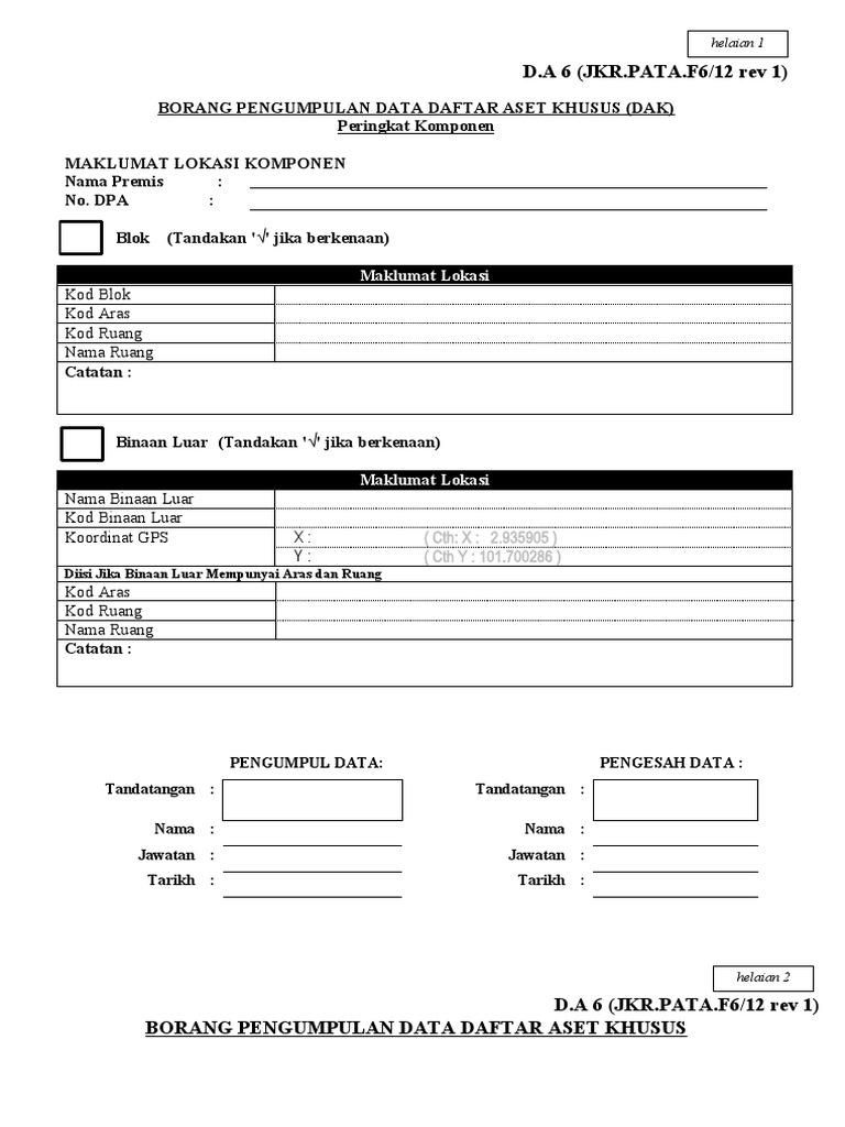 Borang D.A 6 (BORANG PENGUMPULAN DATA DAFTAR ASET KHUSUS (DAK ...