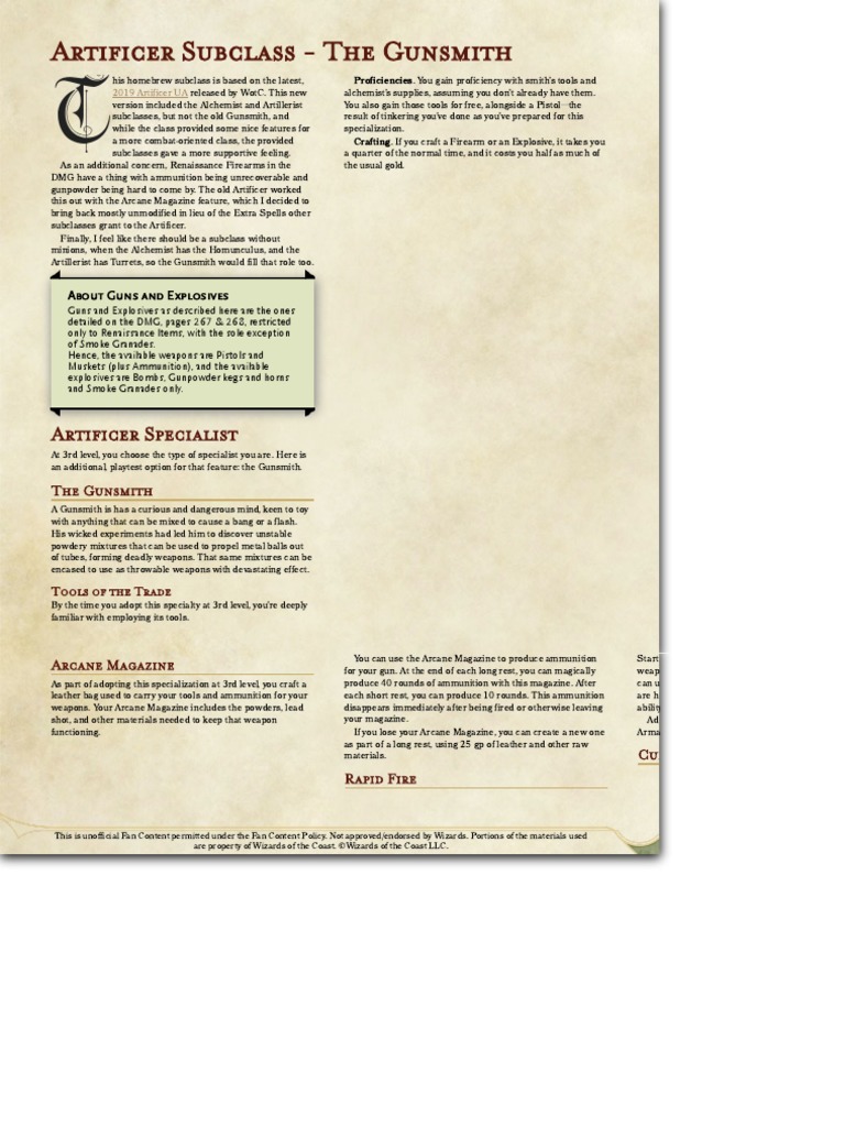 (Artificer 2019) - Gunsmith Subclass - GM Binder | PDF