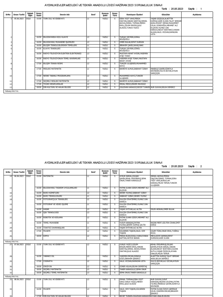 Sınav Çizelgesi Öğr. Grv. Haziran 2023 | PDF