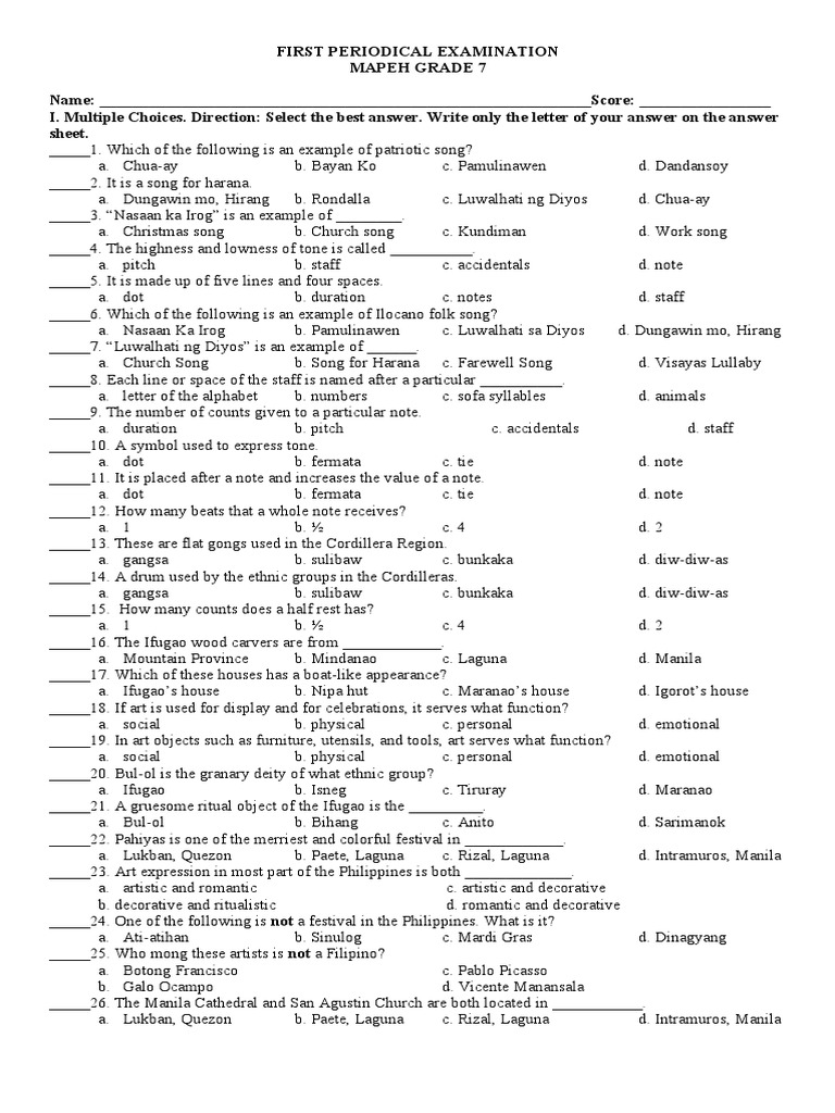 Grade 7 - 1 MAPEH First Periodic Exam | PDF | Philippines | Physical ...