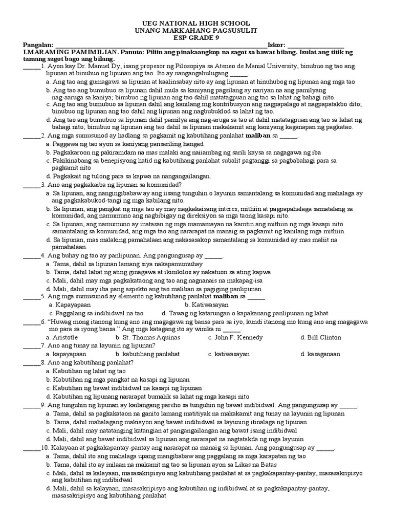 Grade 9 - 1 EsP Unang Markahan.1 | PDF