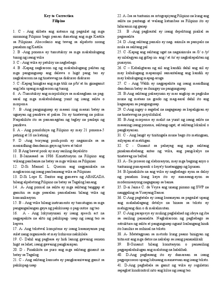 GE - Filipino - Key To Correction Only Let Review | PDF