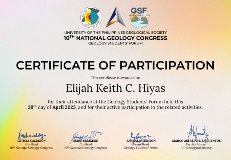 (Geology Students' Forum) Certificate of Participation - Elijah Keith C ...