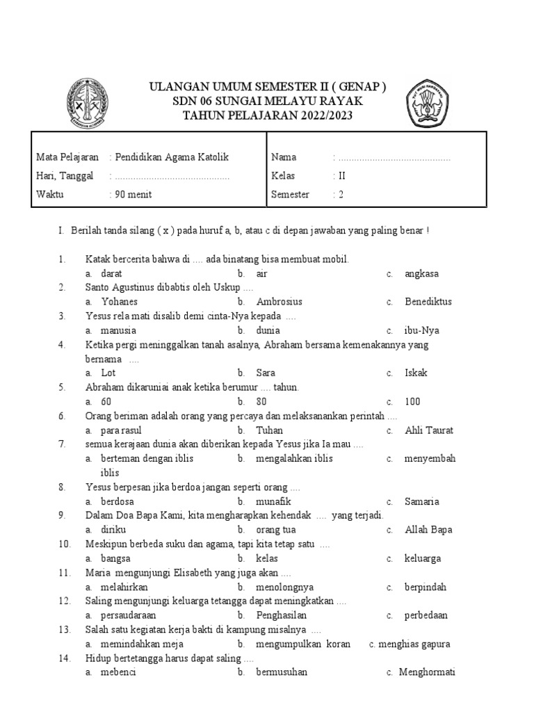 Soal Uts Agama Katolik SD Semester 2 | PDF