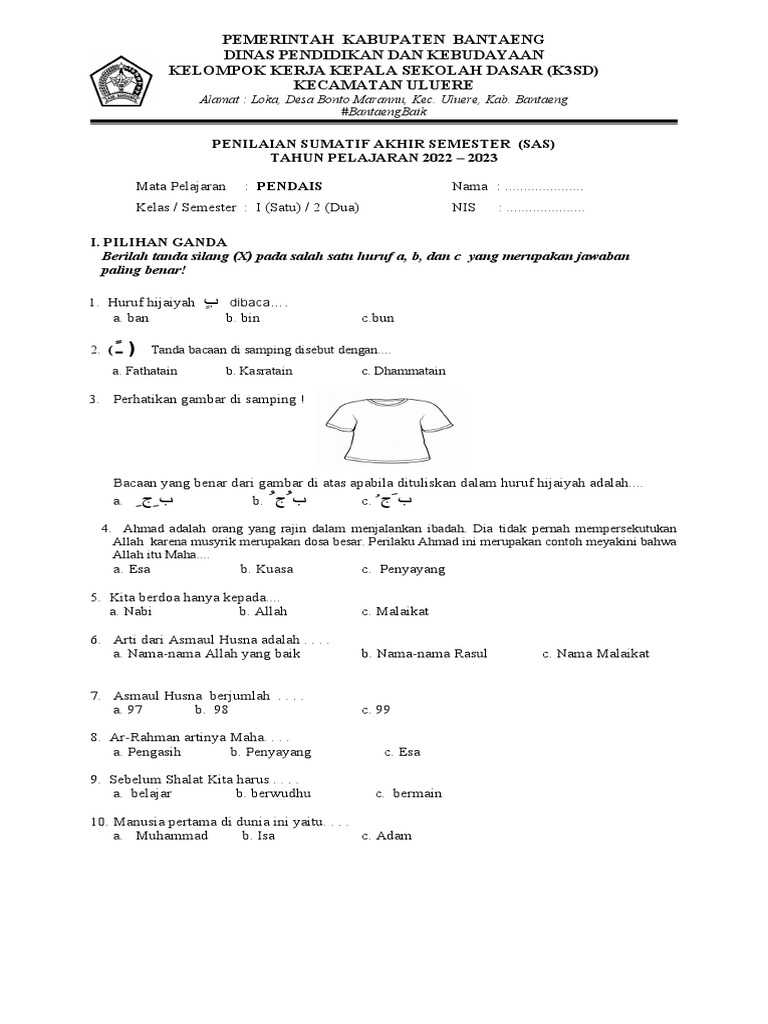 Soal Sas Kelas 1 Dan 2 Pai 2023 | PDF