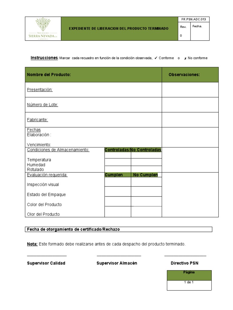 FR.PSN.ADC.013Expediente de liberación de producto terminado | PDF
