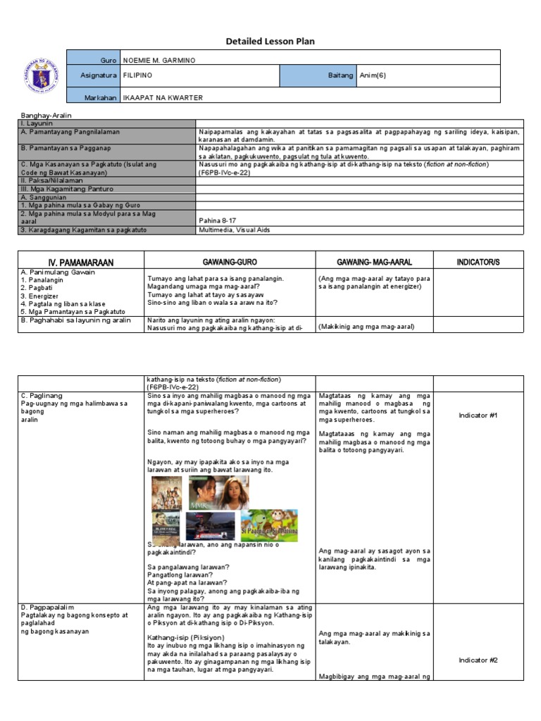 Detailed Lesson Plan - FILIPINO 6 | PDF