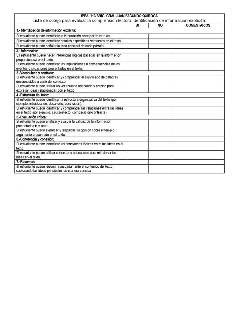 Lista de Cotejo para Lectura Comprensiva | PDF