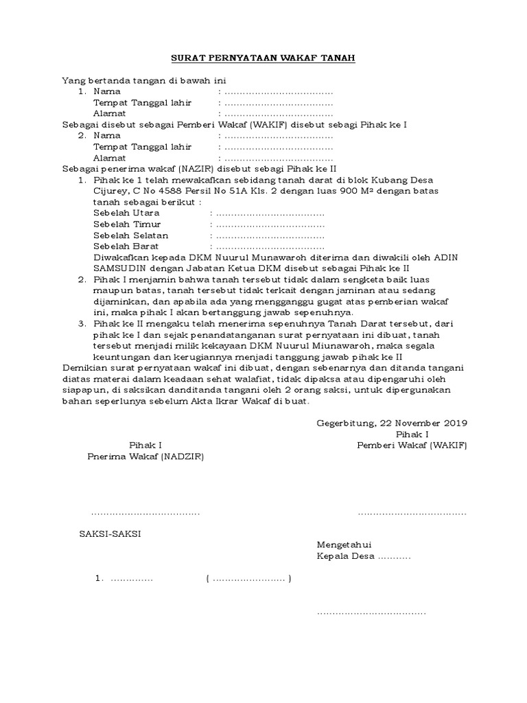 SURAT PERNYATAAN WAKAF TANAH | PDF