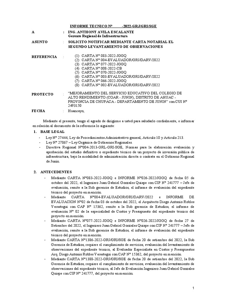 4 - Informe Tecnico - Solicitud de Carta Notarial - Coar | PDF | Arquitecto | Ingeniería