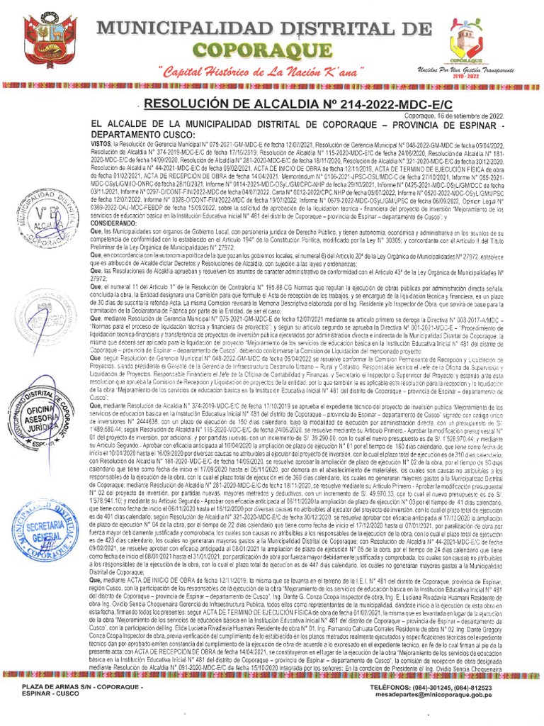 Resolucion de Alcaldia #214-2022-Mdc-E PDF | PDF