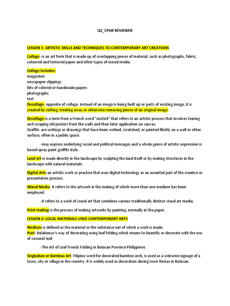 2ND-SEM Q2 CPAR Reviewer | PDF | Art