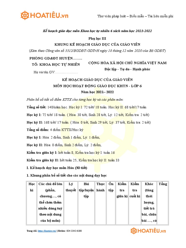 Ke Hoach Giao Duc Mon Khoa Hoc Tu Nhien Lop 6 Sach Ket Noi Tri Thuc Voi ...