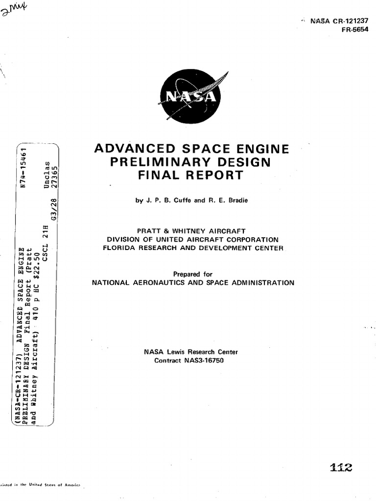 Advanced Space Engine Preliminary Design Final Report: Nasa FR-5654 | PDF