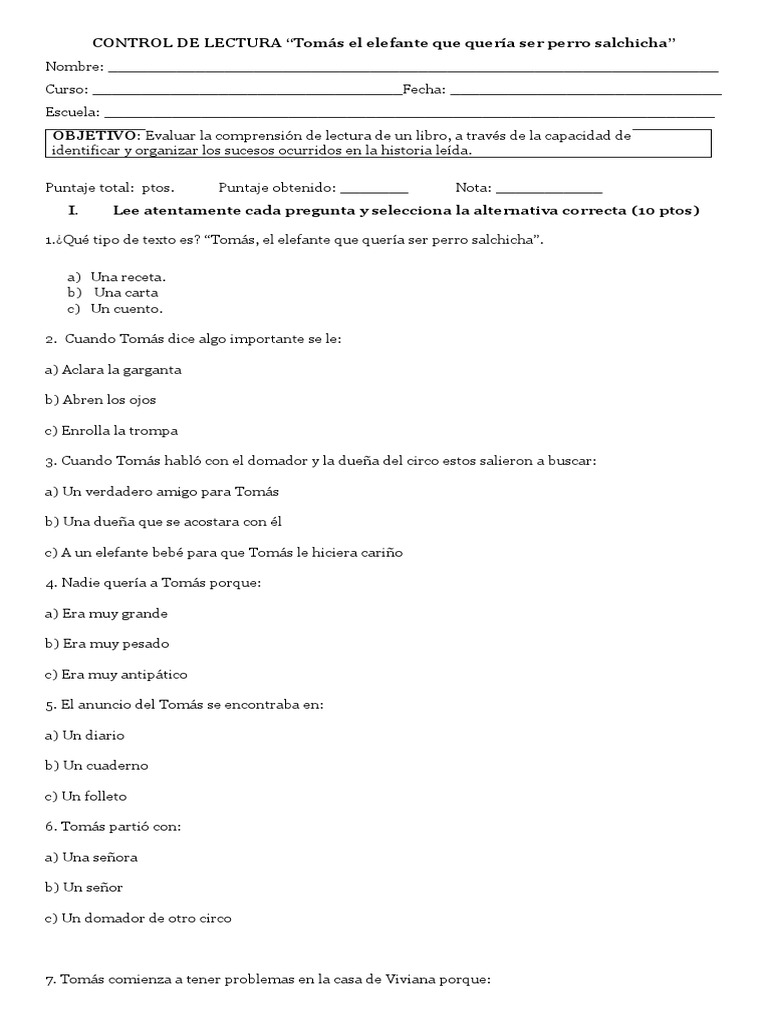 Control de Lectura Tomás | PDF