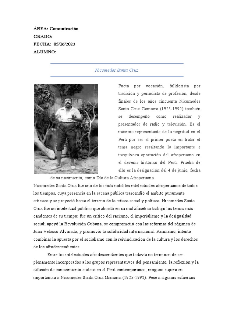 Ficha Nicomedes Santa Cruz 4to SEC | PDF