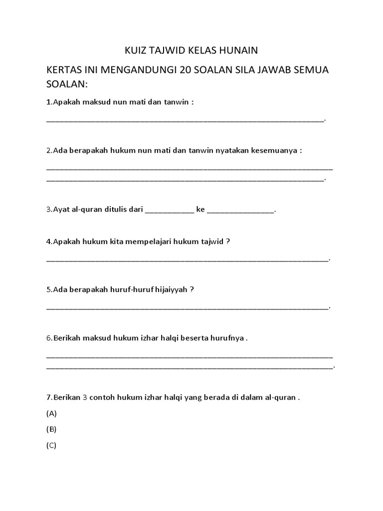 Kuiz Tajwid Kelas Hunain | PDF