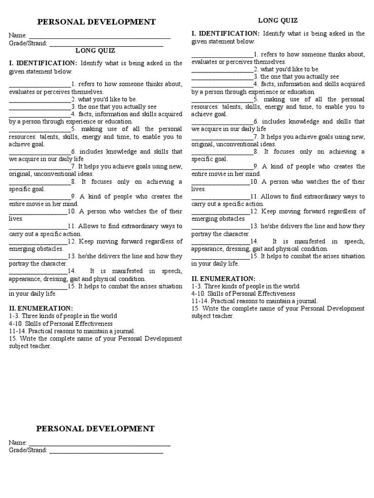 Personal Development Long Quiz Mod. 1 | PDF | Experience | Goal