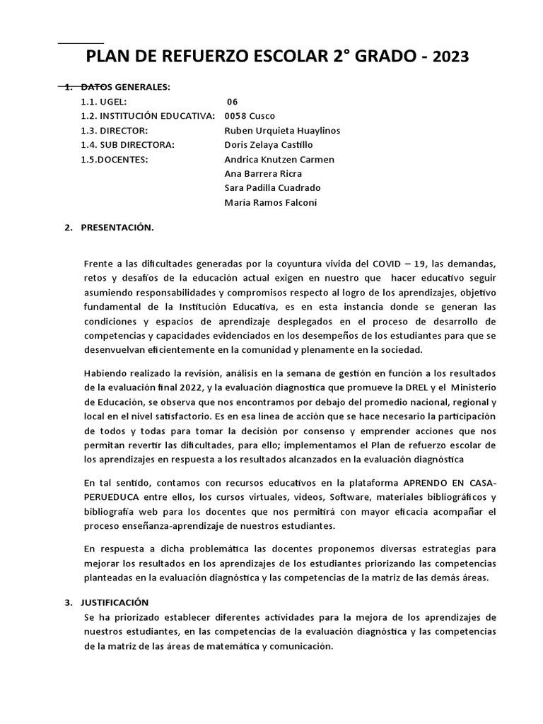 PLAN REFUERZO-ESCOLAR Modelo | PDF | Evaluación | Educación de la primera infancia