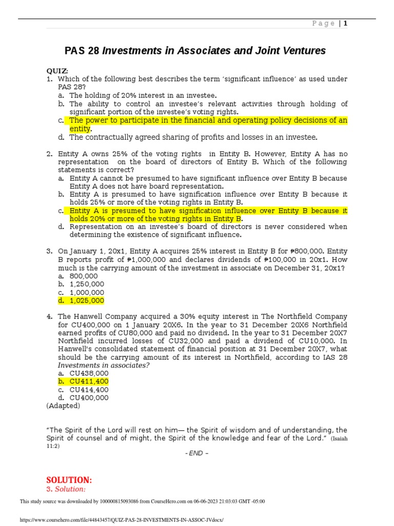 Quiz Pas 28 Investments in Assoc. JV | PDF