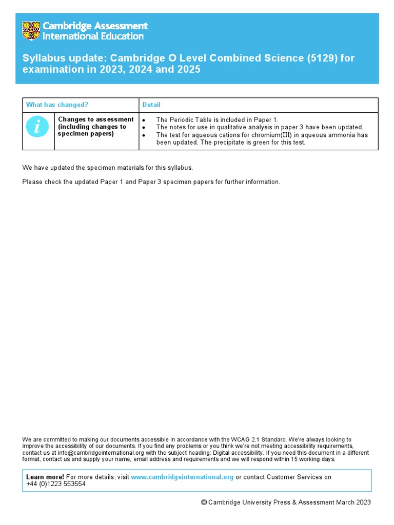 Syllabus Update: Cambridge O Level Combined Science (5129) For ...