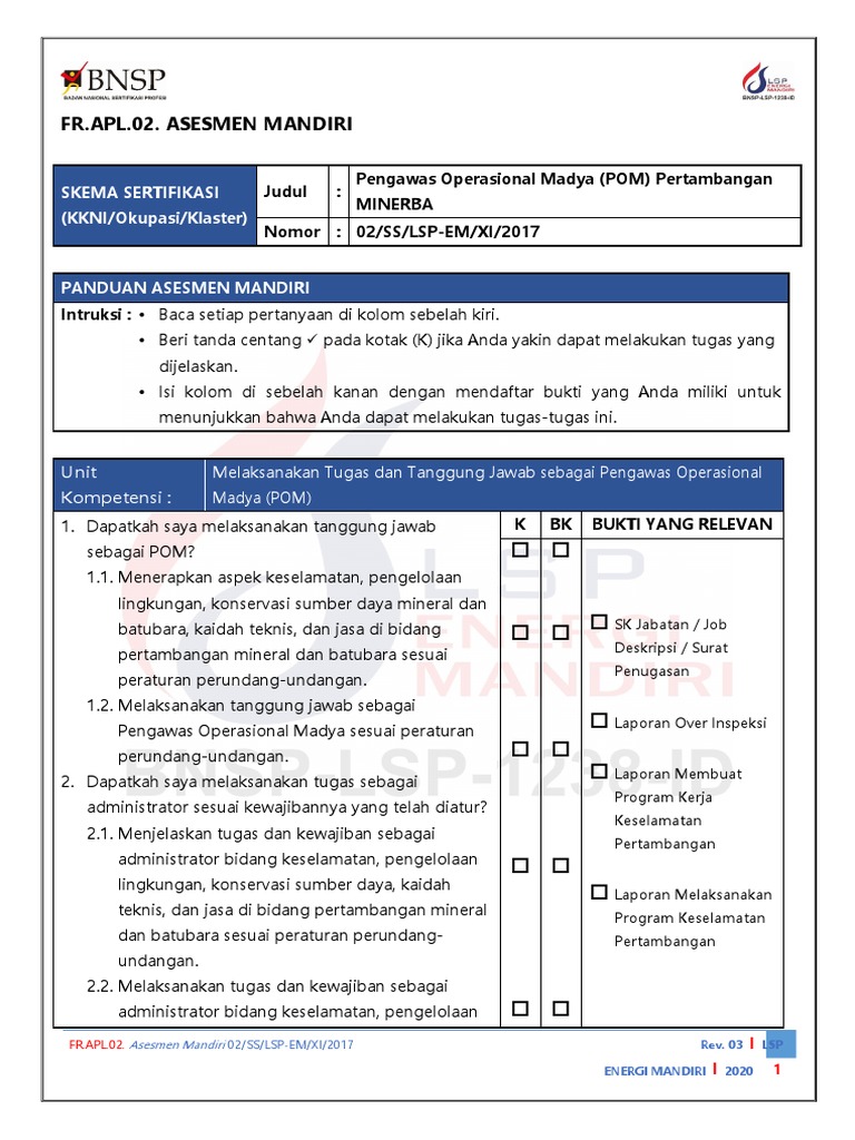 FR - APL.02. Asesmen Mandiri | PDF